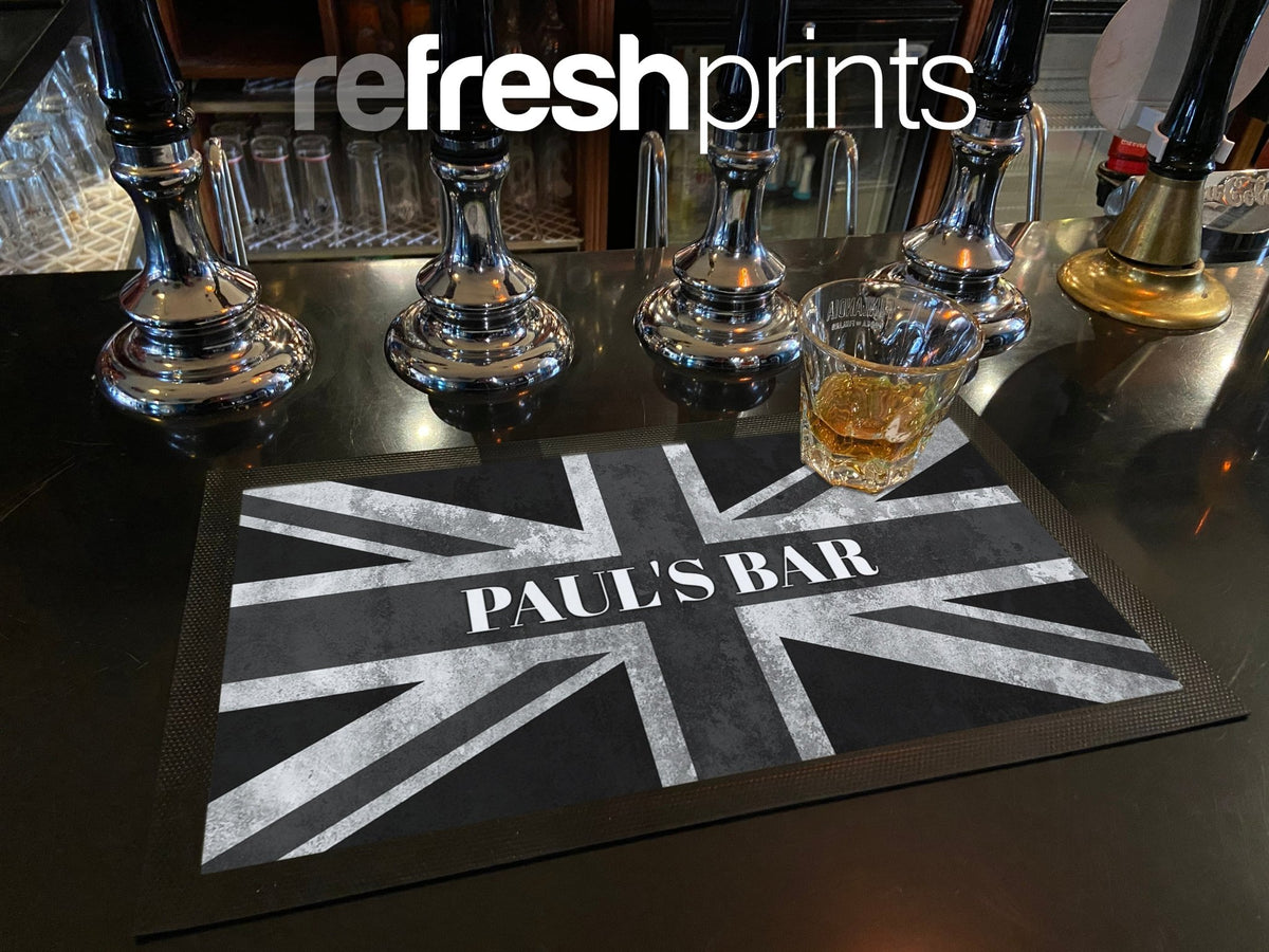 Personalised Monochrome Union Jack (UK) Regular Bar Runner Custom – Bar ...